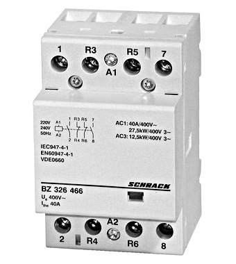 Instalacioni kontaktor AC1: 40A/400V, 2NO+2NC, 230VAC
serija BZ, 4-polni, širine 3 modula=54 mm tip R40–22 230