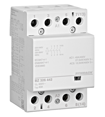 Instalacioni kontaktor AC1: 40A/400V, 4NO, 230VAC
serija BZ, 4-polni, širine 3 modula=54 mm tip R40–40 230