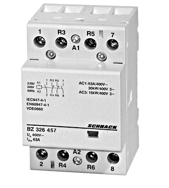 Instalacioni kontaktor AC1: 63A/400V, 2NO+2NC, 230VAC
serija BZ, 4-polni, širine 3 modula=54 mm tip R63–22 230