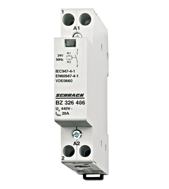 Instalacioni kontaktor AC1: 20A/400V, 1NO, 24VAC
serija BZ, 1-polni, širine 1 modula=17,5 mm tip R20–10 24