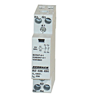 Instalacioni kontaktor AC1: 20A/400V, 2NC, 24VAC
serija BZ, 2-polni, širine 1 modula=17,5 mm tip R20–02 24