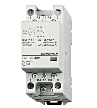 Instalacioni kontaktor AC1: 25A/400V, 2NO+2NC, 24VAC
serija BZ, 4-polni, širine 2 modula=35 mm tip R25–22 24