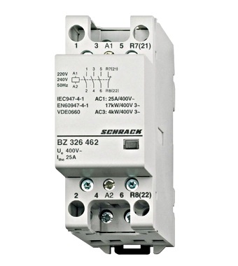 Instalacioni kontaktor AC1: 25A/400V, 3NO+1NC, 24VAC
serija BZ, 4-polni, širine 2 modula=35 mm tip R25–31 24