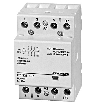 Instalacioni kontaktor AC1: 40A/400V, 3NO+1NC, 24VAC
serija BZ, 4-polni, širine 3 modula=54 mm tip R40–31 24