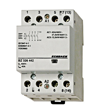 Instalacioni kontaktor AC1: 40A/400V, 4NO, 24VAC
serija BZ, 4-polni, širine 3 modula=54 mm tip R40–40 24