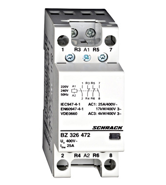 Instalacioni kontaktor AC1: 25A/400V, 2NO+2NC, 230VAC
serija BZ, 4-polni, širine 2 modula=35 mm tip R25–22 230