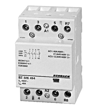 Instalacioni kontaktor AC1: 40A/400V, 3NO+1NC, 230VAC
serija BZ, 4-polni, širine 3 modula=54 mm tip R40–31 230
