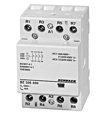 Instalacioni kontaktor AC1: 40A/400V, 4NC, 230VAC
serija BZ, 4-polni, širine 3 modula=54 mm tip R40–04 230