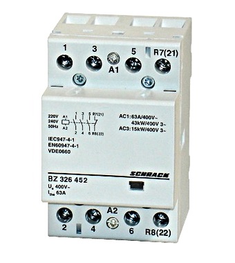Instalacioni kontaktor AC1: 63A/400V, 3NO+1NC, 230VAC
serija BZ, 4-polni, širine 2 modula=54 mm tip R63–31 230