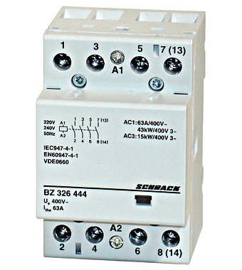 Instalacioni kontaktorAC1: 63A/400V, 4NO, 230VAC
serija BZ, 4-polni, širine 3 modula=54 mm tip R63–40 230