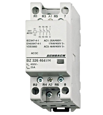 Instalacioni kontaktor AC1: 25A/400V, 1NO+3NC, 24VACDC
serija BZ-VM, 4-polni, širine 2 modula=35 mm tip R25–13VM 24