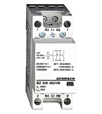 Instalacioni kontaktor AC1: 25A/400V, 2NO+2NC, 24VACDC
serija BZ-VM, 4-polni, širine 2 modula=35 mm tip R25–22VM 24