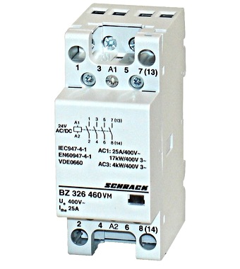 Instalacioni kontaktor AC1: 25A/400V, 4NO, 24VACDC
serija BZ-VM, 4-polni, širine 2 modula=35 mm tip R25–40VM 24