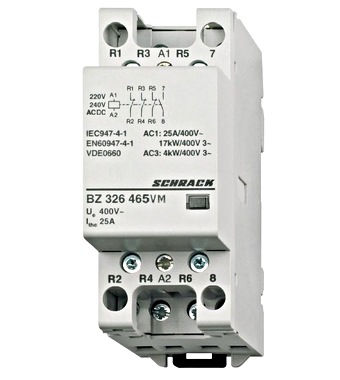 Instalacioni kontaktor AC1: 25A/400V, 1NO+3NC, 230VACDC
serija BZ-VM, 4-polni, širine 2 modula=35 mm tip R25–13VM 230