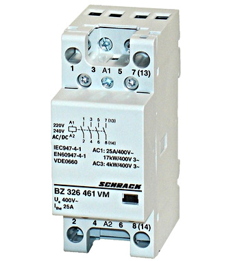 Instalacioni kontaktor AC1: 25A/400V, 4NO, 230VACDC
serija BZ-VM, 4-polni, širine 2 modula=35 mm tip R25–40VM 230