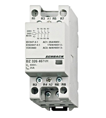 Instalacioni kontaktor AC1: 25A/400V, 4NC, 230VACDC
serija BZ-VM, 4-polni, širine 2 modula=35 mm tip R25–04VM 230