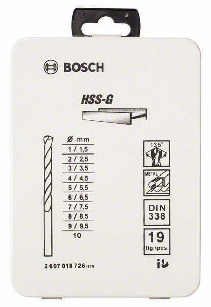 19-delni set burgija za metal HSS-G, DIN 338, 135°, u metalnoj kutiji Bosch 2607018726, 1-10 mm, 135°