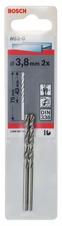 Burgija za metal HSS-G, DIN 338 Bosch 2608585915, 3,8 x 43 x 75 mm