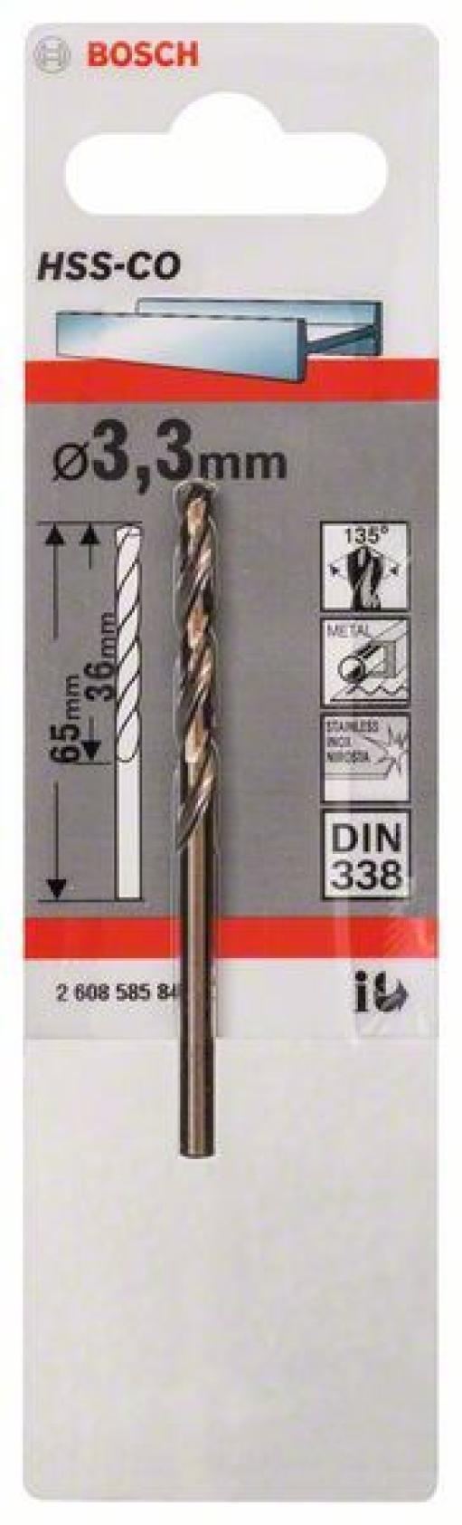 Burgija za metal HSS-Co, DIN 338 Bosch 2608585844, 3,3 x 36 x 65 mm