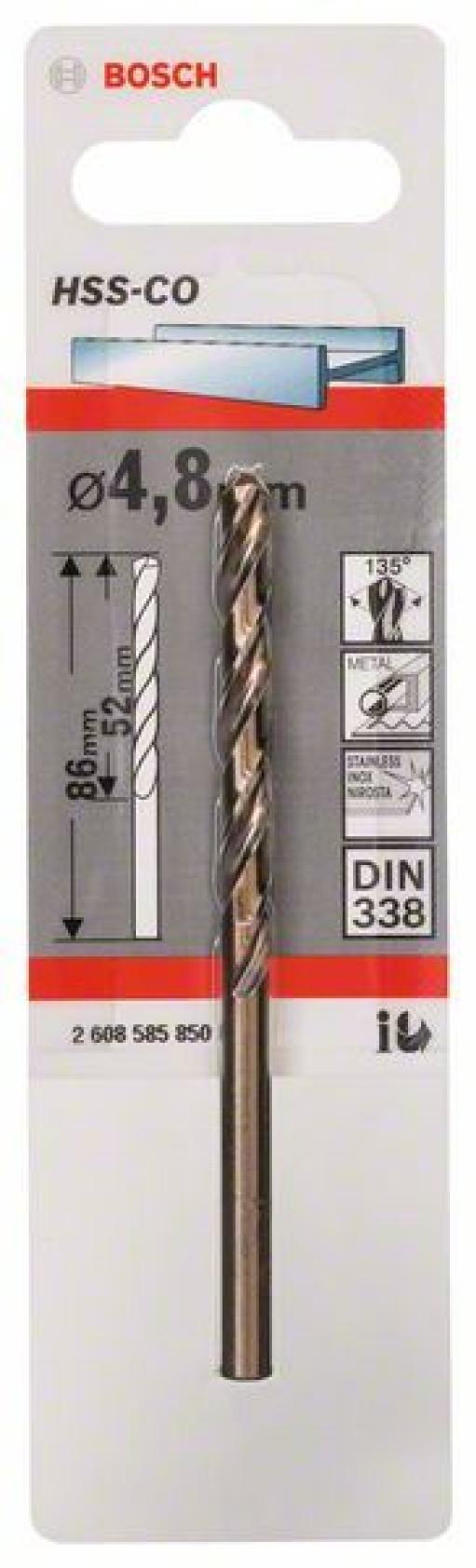 Burgija za metal HSS-Co, DIN 338 Bosch 2608585850, 4,8 x 52 x 86 mm