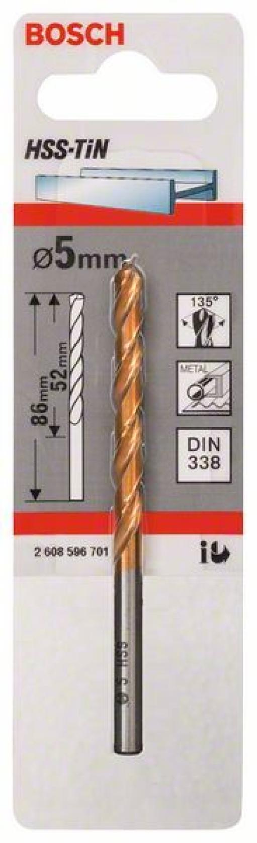 Burgija za metal HSS-TiN, DIN 338 Bosch 2608596701, 5 x 52 x 86 mm