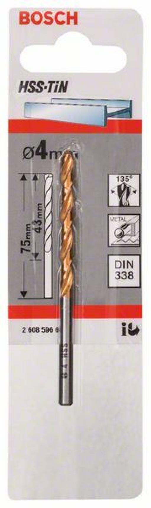 Burgija za metal HSS-TiN, DIN 338 Bosch 2608596691, 4 x 43 x 75 mm