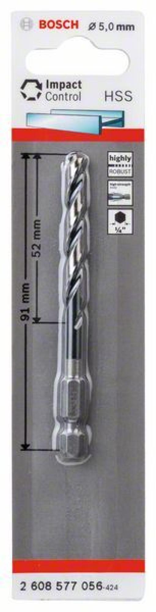 HSS spiralna burgija sa šestostranim prihvatom 5,0mm Bosch 2608577056, 5 x 52 x 91 mm