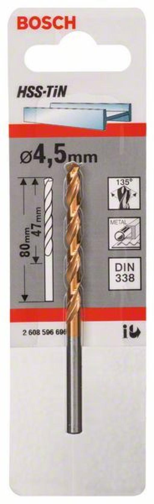 Burgija za metal HSS-TiN, DIN 338 Bosch 2608596696, 4,5 x 47 x 80 mm