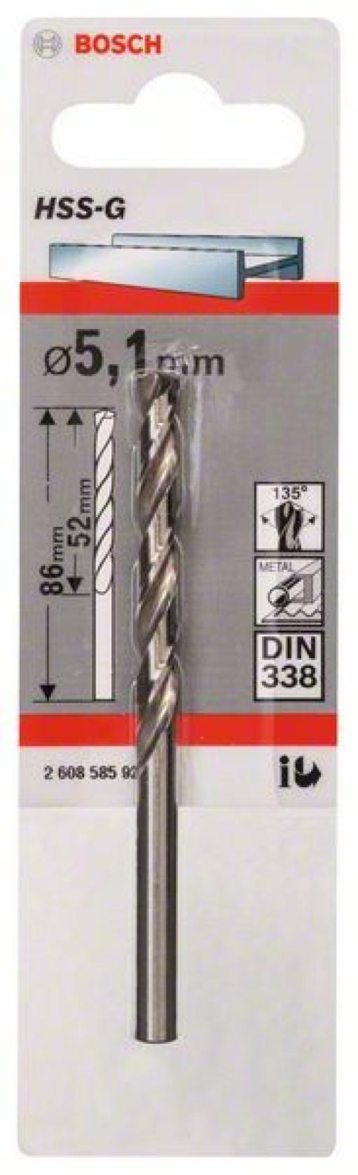 Burgija za metal HSS-G, DIN 338 Bosch 2608585923, 5,1 x 52 x 86 mm
