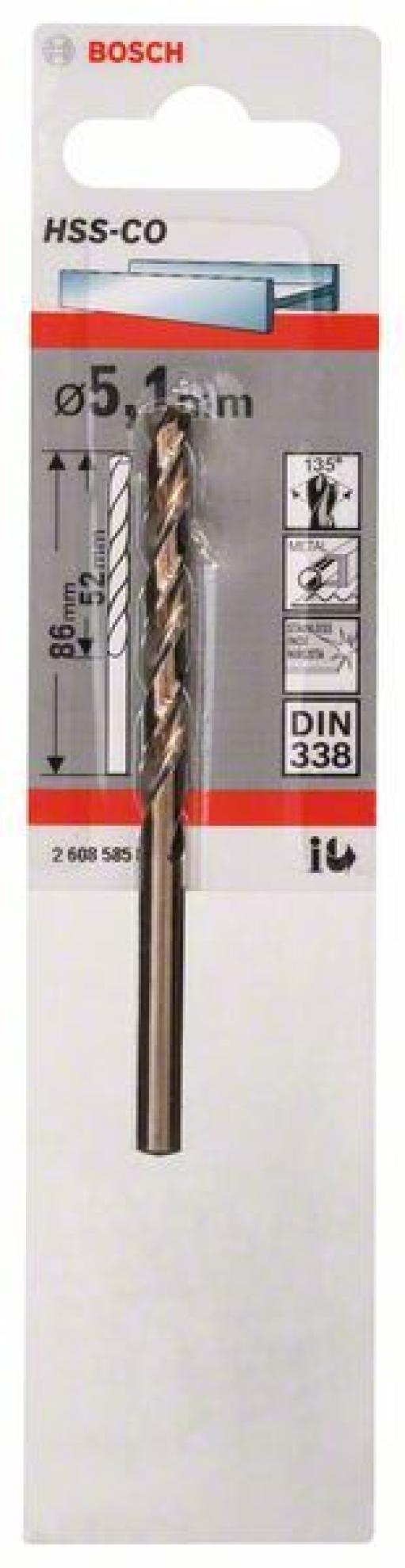 Burgija za metal HSS-Co, DIN 338 Bosch 2608585852, 5,1 x 52 x 86 mm