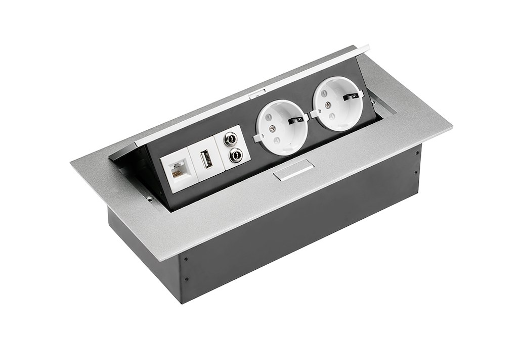GTV Električna konzola za konferencijski sto (kvadratna) 2x šuko, USB, audio in/out (Minijack), internet, AE-PB02GS-53