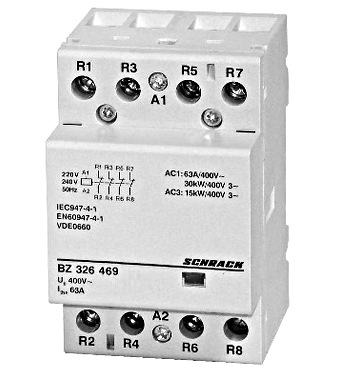 Instalacioni kontaktor AC1: 63A/400V, 4NC, 230VAC
serija BZ, 4-polni, širine 3 modula=54 mm tip R63–04 230