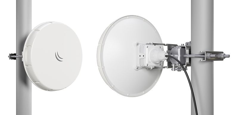 MikroTik Wireless Wire nRAY 2Gb/s gigabit aggregate outdoor PtP link (komplet 2 kom) 802.11ad na 60GHz dometa 1500m sa tanjir antenom 26cm, plug & play, AES kriptovanje, 802.3af/at PoE inject +24V...