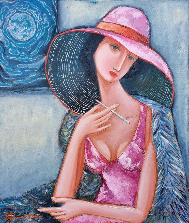 Dama sa cigaretom, Dusko Trifunovic, 70×60 cm, ulje na platnu, sertifikat, 38940 dinara