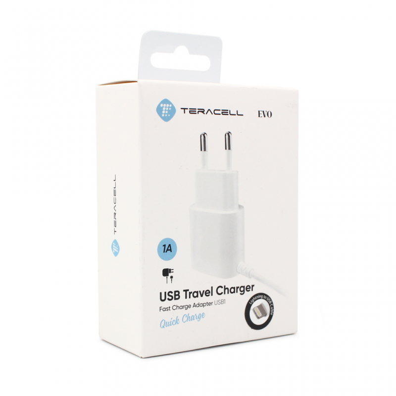 Kucni punjac Teracell Evo USB1 1A sa iphone lightning kablom beli