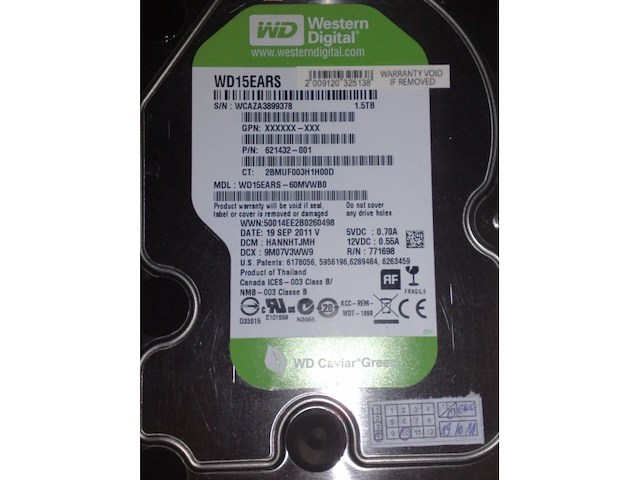 Western Digital 1,5 TB Green Sata II hard disk 24 dana
