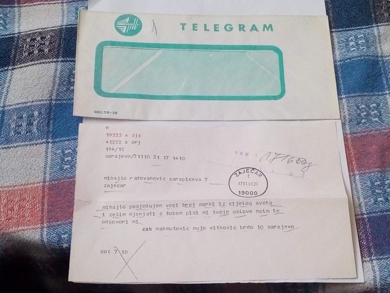 Koverta - Telegram - Dopis Filatelista - Sarajevo -ZA