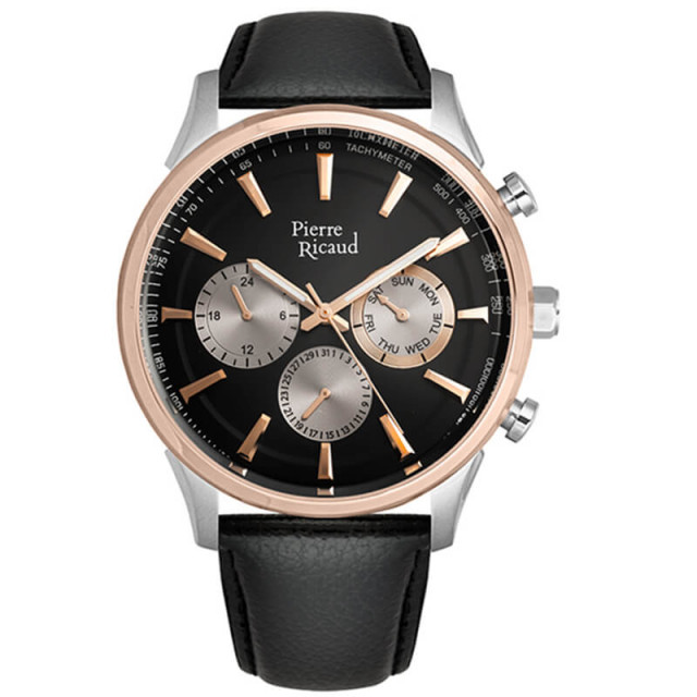 Muški pierre ricaud chronograph crni roze zlatni sportski ručni sat sa crnim kožnim kaišem ( p60014.r214qf )