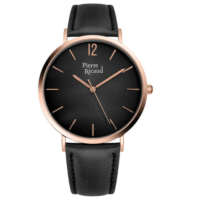 Muški pierre ricaud quartz roman 42 mm crni roze zlatni elegantni ručni sat sa crnim kožnim kaišem ( p91078.92r4q )