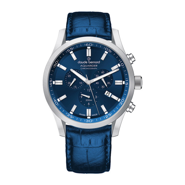 Muški claude bernard aquarider chronograph plavi srebrni elegantno sportski ručni sat sa teget kožnim kaišem ( 10222 3c buin1 )