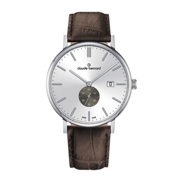 Muški claude bernard classic slim line small seconds srebrni elegantni ručni sat sa braon kožnim kaišem ( 65004 3 aing )