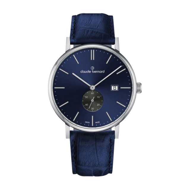 Muški claude bernard classic slim line small seconds plavi srebrni elegantni ručni sat sa teget kožnim kaišem ( 65004 3 buing )
