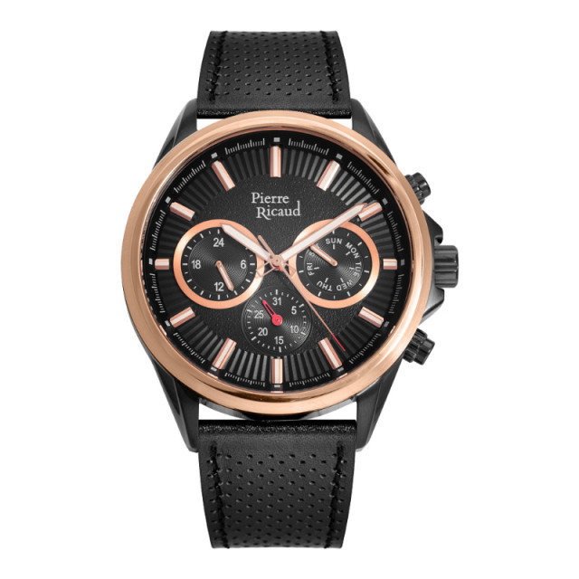 Muški pierre ricaud quartz multifunction crni roze zlatni sportsko-elegantni ručni sat sa crnim kožnim kaišem ( p60030.k214qf )