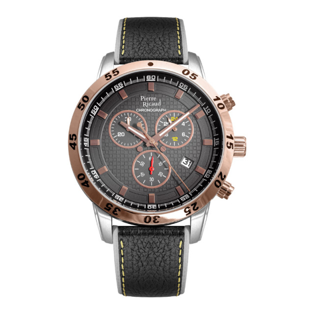 Muški pierre ricaud quartz chronograph sivi roze zlatni sportski ručni sat sa crnim kožnim kaišem ( p60033.r217qf )