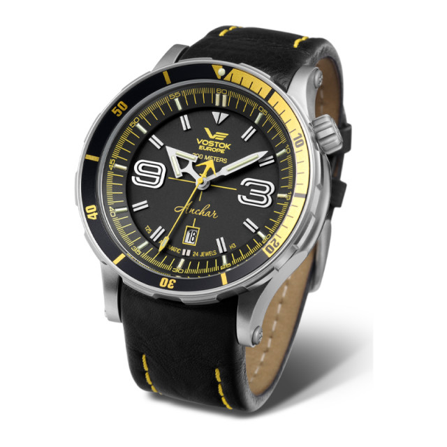 Muški vostok europe anhcar automatik crni srebrni sportski ručni sat sa crnim kožnim i Žutim gumenim kaišem ( nh35a/510a522 )