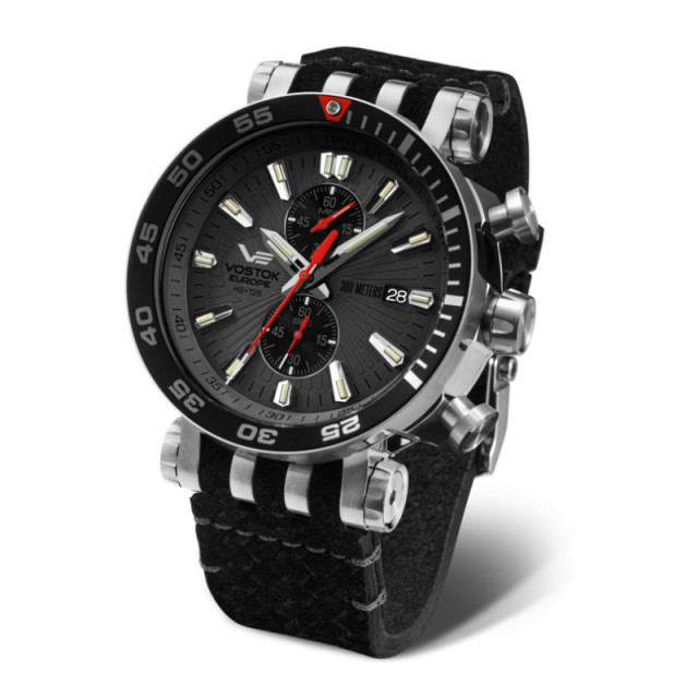 Muški vostok europe energia 2 chronograph crni srebrni sportski ručni sat sa crnim kožnim kaišem ( vk61/575a588k )