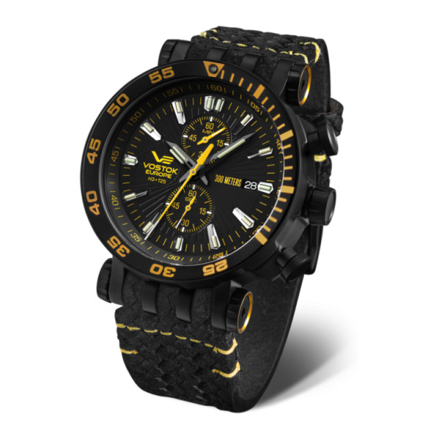 Muški vostok europe energia 2 chronograph crni sportski ručni sat sa crnim kožnim kaišem ( vk61/575c589k )