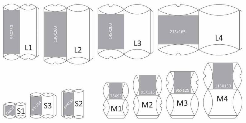 Grafički prikaz svih modela pillow-box kutijica za nakit