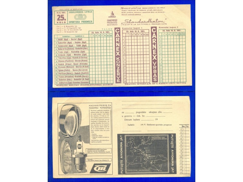 25.Kolo,Sport,Prognoza,Fudbal,Jugoslavija,Lutrija 1961.