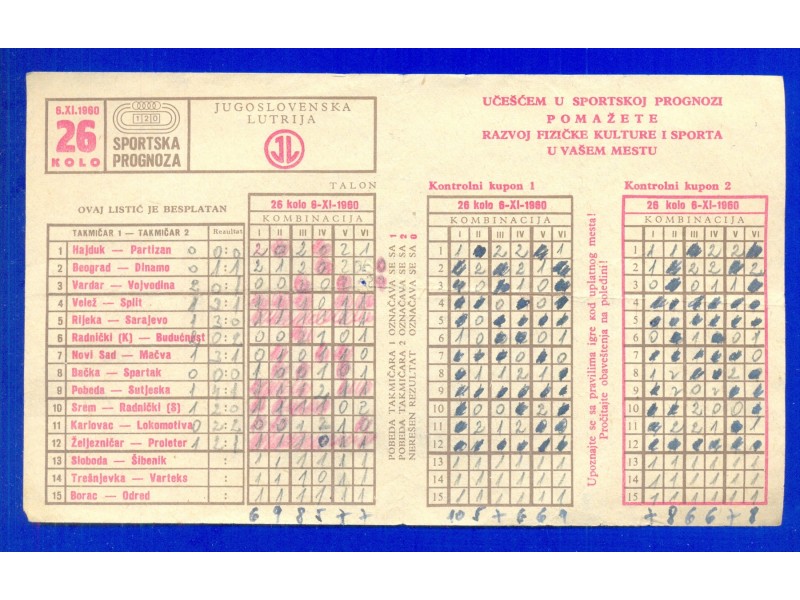 26.Kolo,Sport,Prognoza,Fudbal,Jugoslavija,Lutrija 1960.